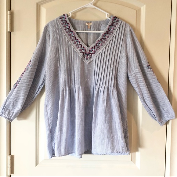 Reba | Tops | Reba Blue And White Pin Stripe Shirt With Embroidery ...
